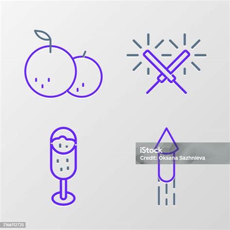 세트 라인 불꽃 놀이 로켓 샴페인 잔 폭죽 불꽃 놀이 및 귤 아이콘 벡터 공휴일에 대한 스톡 벡터 아트 및 기타 이미지