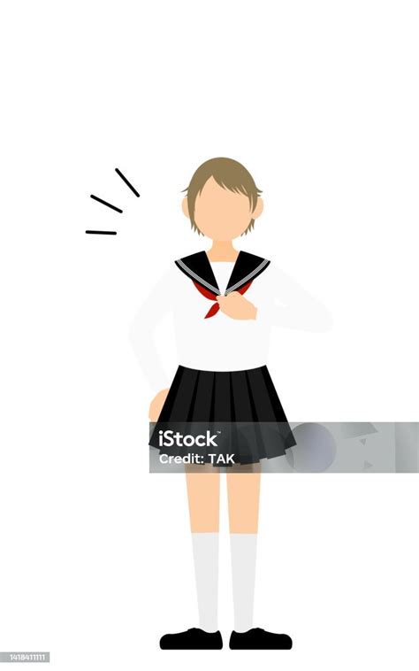 하얀 학교 선원 유니폼을 입은 소녀 내 가슴을 때리기 위해 나에게 맡겨주세요 가슴 두드리기에 대한 스톡 벡터 아트 및 기타