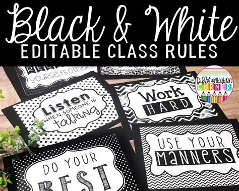 Editable Black And White Classroom Rules Posters Black And White