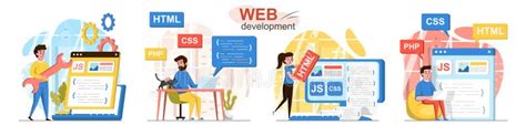 Web Development Concept Scenes Set Developers Code In Different