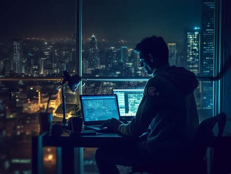 Programmer Coding On A Computer In The Dark With A View Of The Lights