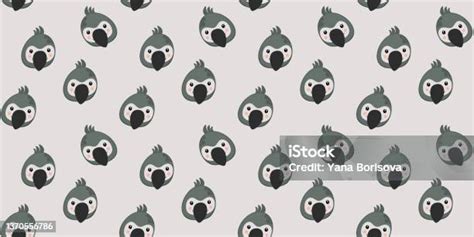 밝은 회색 배경에 위의 문장과 문자 회색 앵무새의 만화 얼굴의 귀여운 원활 한 패턴 아프리카 의 새의 머리 용 어린이 옷 스크랩 북 벡터 가축에 대한 스톡 벡터 아트 및