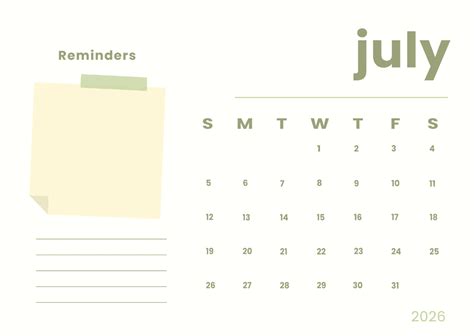 Free July 2026 Calendar With Reminders Template To Edit Online