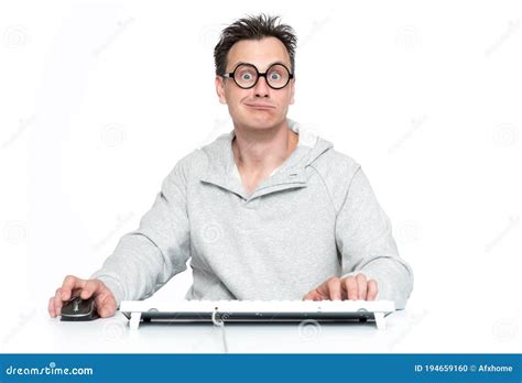 Funny Programmer Man With Keyboard In Front Of Computer Stock Image 90333559