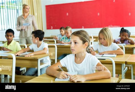 Diligent Tween Girl Studying With Classmates In Elementary School Stock