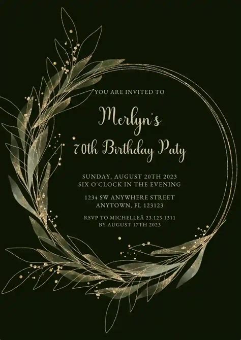 골드 반짝이 나뭇잎 프레임 무료 성인 생일 초대장 템플릿 Invitanku