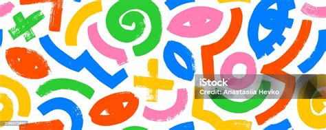 다채로운 기하학적 완벽 한 배경 와 대담한 브러시 그려진 낙서 와 그림 손으로 그린 대담한 기하학적 획과 모양 재미 있고 지저분한 어린아이 모양 순진한 그림 창의적인 낙서