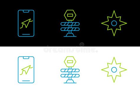 Set Line Wind Rose City Map Navigation And Road Barrier Icon Vector