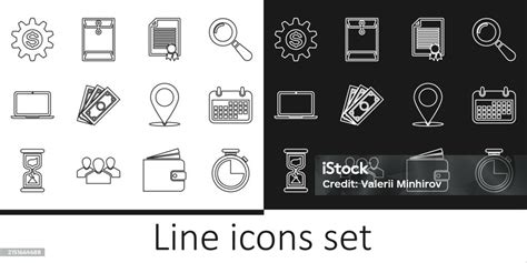 라인 스톱워치 달력 인증서 템플릿 스택 지폐 현금 노트북 달러 기호가 있는 기어 지도 핀 및 봉투 아이콘을 설정합니다 벡터 0