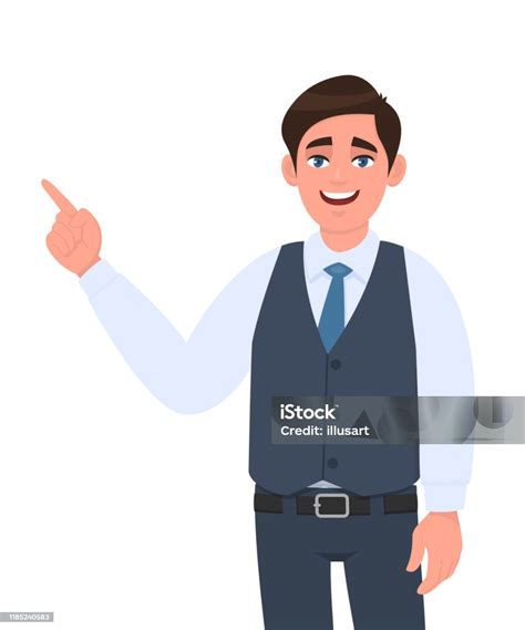 공간을 복사 하는 손가락 손 제스처를 가리키는 젊은 사업가 무언가를 소개하는 사람 남성 캐릭터 디자인 일러스트 현대 라이프 스타일 벡터 만화 스타일의 개념 가리키기에 대한