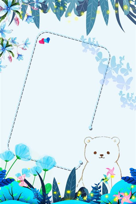 편지지 테두리 신선한 낭만적 인 파란색 배경 H5 배경 아름다운 신선한 낭만주의 레터 용지 파란색 테두리 곰 꽃 주위 H5 배경 배경 화면 및 일러스트 무료 다운로드
