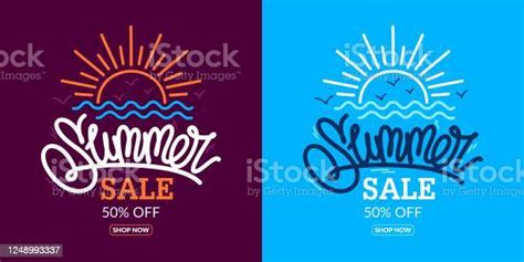 손으로 쓴 단어 여름 판매 벡터 배경 일러스트 태양과 파도와 함께 할인 배너의 디자인 타이포그래피 일러스트레이션로 로고타입 개성 개념에 대한 스톡 벡터 아트 및 기타 이미지