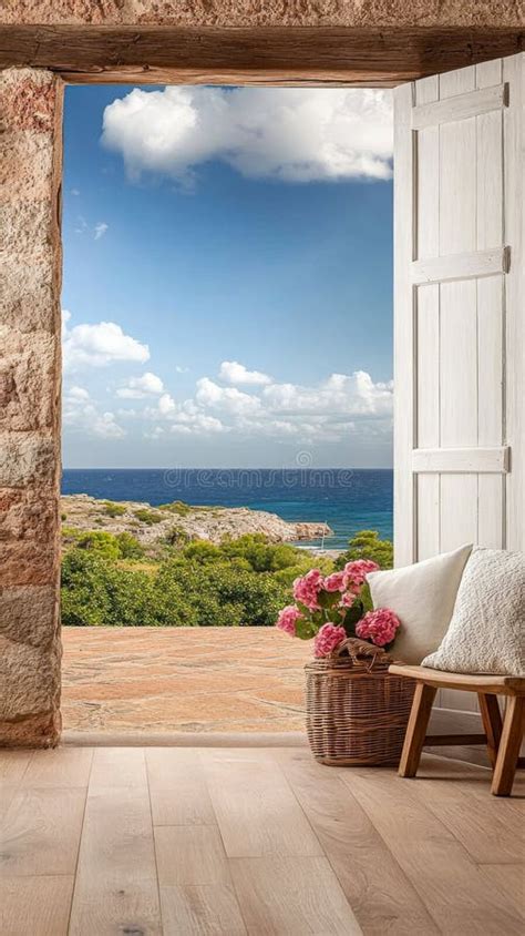 Serene Coastal View From A Rustic Doorway With Flowers And A Wooden