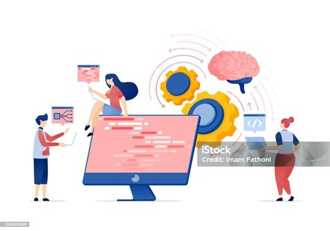 인공 지능을 위한 프로그래밍 메커니즘을 개발하고 모니터에 표시되는 코드와 뇌를 문지르는 톱니바퀴로 기계를 학습하는 사람들의 그림 개발에 대한 스톡 벡터 아트 및 기타 이미지