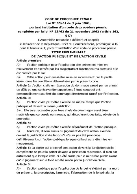 Criminal Procedure Code 1961 Code De Procedure Penale Loi N° 35 61 Du 5 Juin 1961 Portant
