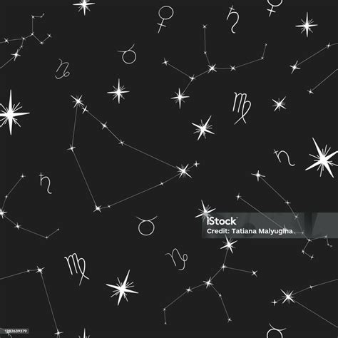 천체 지구 조디악과 황소자리 염소 자리 어두운 배경에 처녀자리의 행성 징후의 원활한 패턴 손으로 그린 벡터 그림 종이 운세 포장 0명에 대한 스톡 벡터 아트 및 기타 이미지