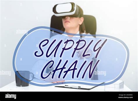 Sign Displaying Supply Chain Word Written On System Of Organization And Processes From Supplier