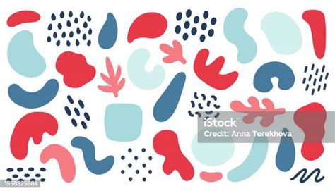 추상 요소가 설정됩니다 다채로운 손의 큰 세트는 다양한 모양 컬 형태 브러시 스트로크 및 낙서 개체를 그렸습니다 추상적인 현대 미니멀리스트 트렌디한 벡터 그림 0명에 대한