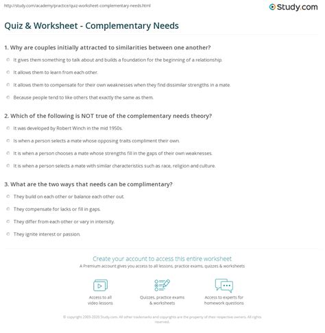 Quiz And Worksheet Complementary Needs
