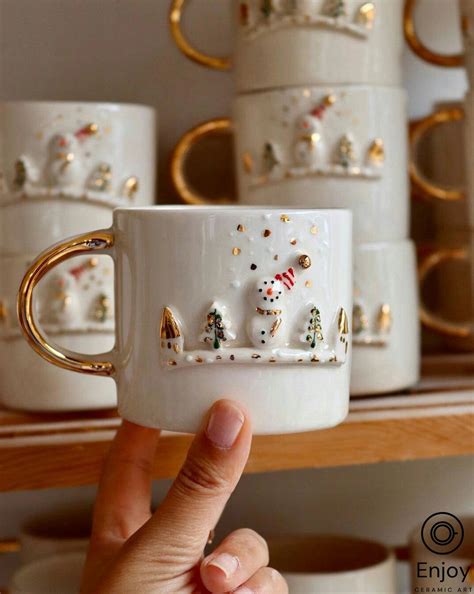Snowman Mug Handmade Ceramic Christmas Coffee Mug With Gold Handle
