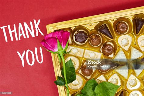 분홍색 장미 꽃이 있는 발렌타인 데이 상자에 다양한 유형의 초콜릿 조각과 빨간색 배경에 분리된 감사 텍스트 감사에 대한 스톡 사진 및 기타 이미지 Istock