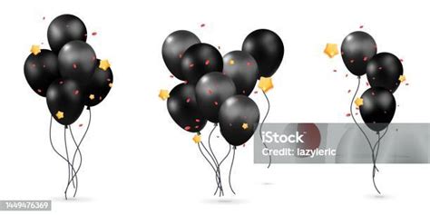 3d 벡터 묶음 블랙 현실적인 렌더링 풍선 생일 축제 색종이 조각 별 장식 요소 디자인 휴일 이벤트 컬렉션 3차원 형태에 대한 스톡 벡터 아트 및 기타 이미지 Istock
