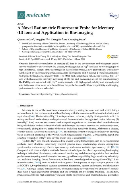 Pdf A Novel Ratiometric Fluorescent Probe For Mercury Ii Ions And