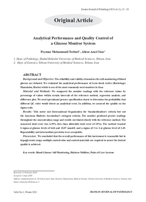 Pdf Analytical Performance And Quality Control Of A Glucose Monitor