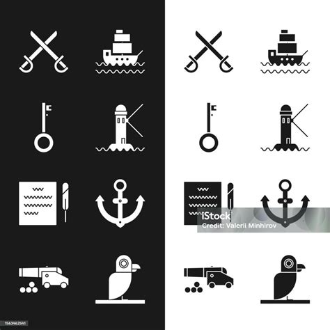 등대 해적 열쇠 교차 해적 검 배 깃털 펜 및 스크롤 앵커 앵무새 및 대포알 아이콘으로 대포를 설정합니다 벡터 깃털에 대한 스톡 벡터 아트 및 기타 이미지 Istock
