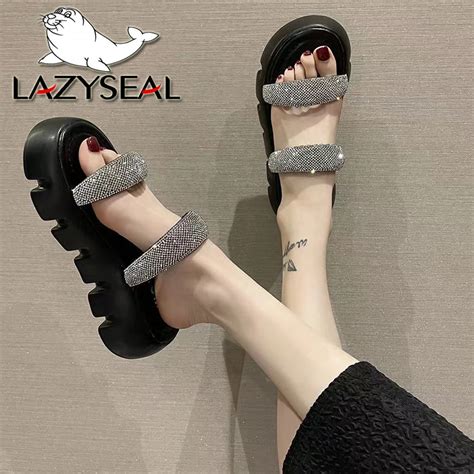 Lazyseal 여성용 플랫폼 슬라이드 다채로운 웨지 힐 크리스탈 디자인 플립 플롭 외부 라운드 토 여름 샌들 슬립 온 캐주얼 뮬 Aliexpress