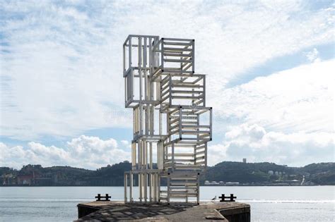 Structure Made Of Cubes And Fluorescent Light Tubes At The Edge Of