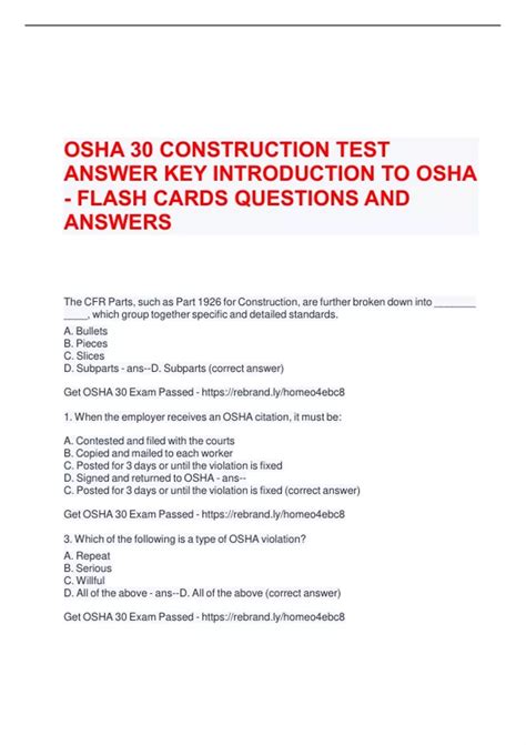 Osha 30 Construction Test Answer Key Introduction To Osha Flash Cards