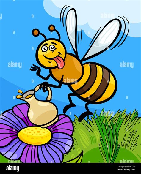 Bees And Flowers Funny A Set Of Cartoon Bees Vector Illustration Of