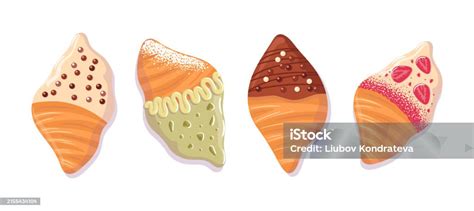 바이럴 트렌디한 플랫 크루아상에 블랙 화이트 그린 아이싱과 피스타치오를 곁들여 보세요 초콜릿 크림 바삭 바삭 음식 벡터 일러스트 레이 션 만화 스타일 스티커 포스터 엽서
