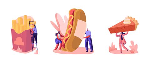 카페에서 길거리 패스트 푸드를 먹는 사람들의 집합 정크 식사 건강에 해로운 영양 작은 남성 여성 캐릭터 와 상호 작용 거대한 감자 튀김 핫도그 와 호박 파이 만화 플랫 벡터
