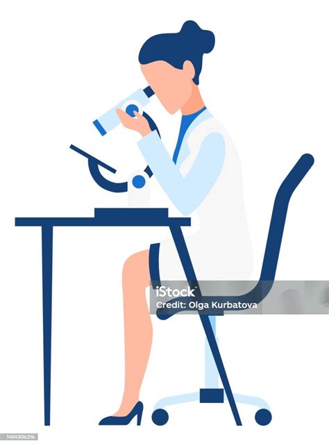 과학자 여성 캐릭터 여성은 책상에 앉아 현미경 실험실 실험 실험실 생물학 또는 화학 과학 벡터 만화 플랫 일러스트레이션으로 연구를합니다 개념에 대한 스톡 벡터 아트 및 기타