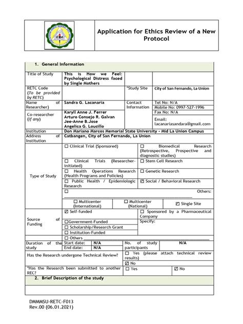 Dmmmsu Retc F013 Application For Ethics Review Of A New Protocol Edited Pdf Clinical Trial