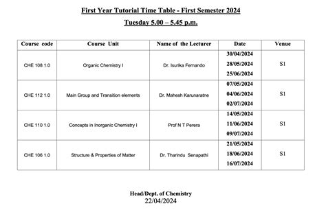 Download: Timetable 2024 – First Semester (updated) – Department of Chemistry