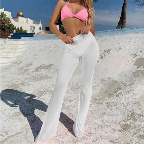 Hot Sexy Women Beach See Through Mesh High Waist Elastic Sheer Wide Leg