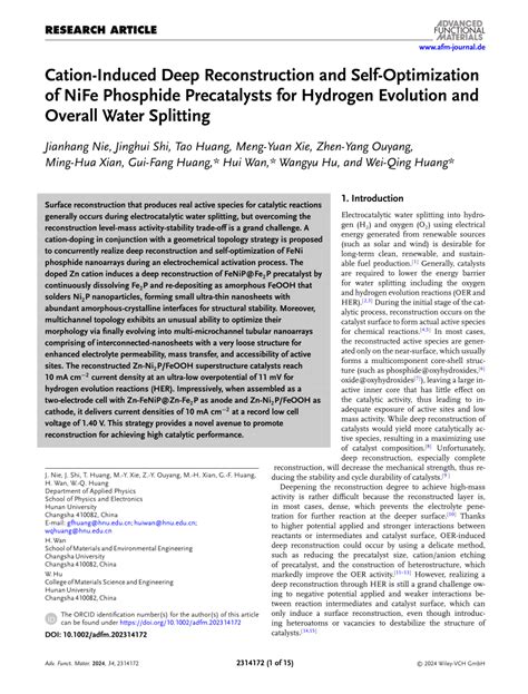 Cation‐induced Deep Reconstruction And Self‐optimization Of Nife