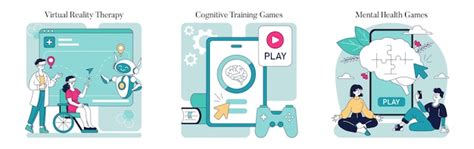 Premium Vector Health Gamification Set Virtual Reality Therapy Cognitive Exercises And Mental