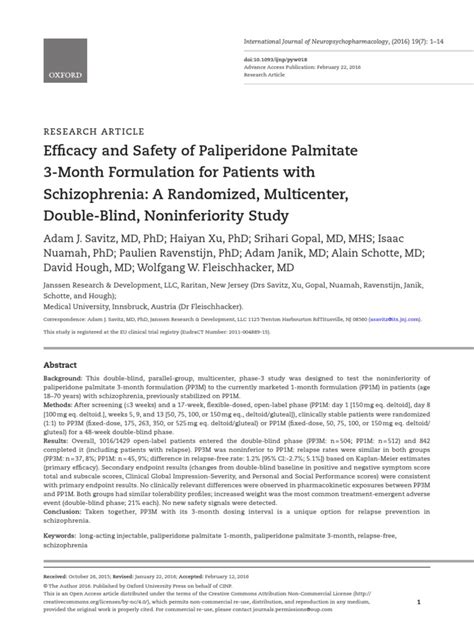 Efficacy And Safety Of Paliperidone Palmitate Eca A Pdf Antipsychotic Medical Specialties