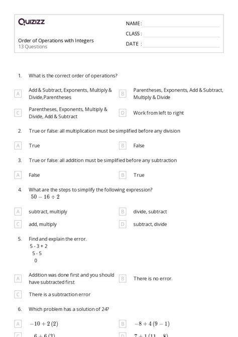 50 Operations With Integers Worksheets For 7th Grade On Quizizz Free And Printable
