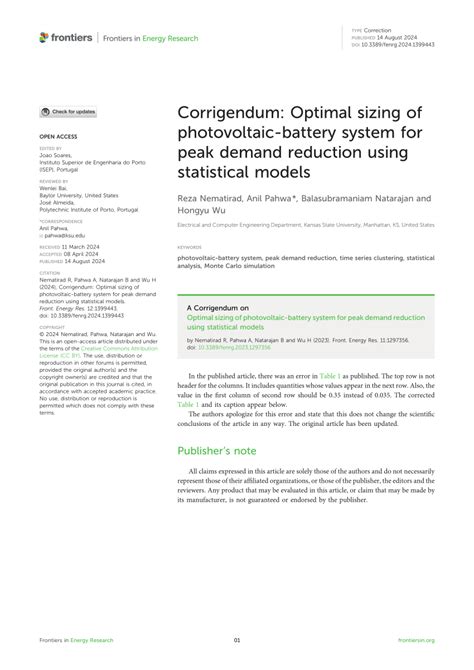 Pdf Corrigendum Optimal Sizing Of Photovoltaic Battery System For Peak Demand Reduction Using
