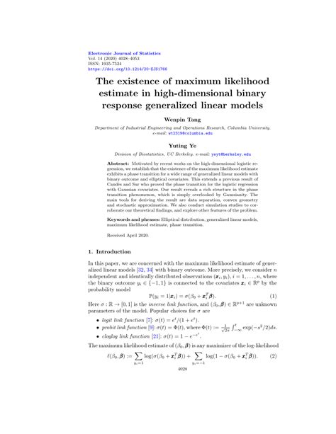 Pdf The Existence Of Maximum Likelihood Estimate In High Dimensional