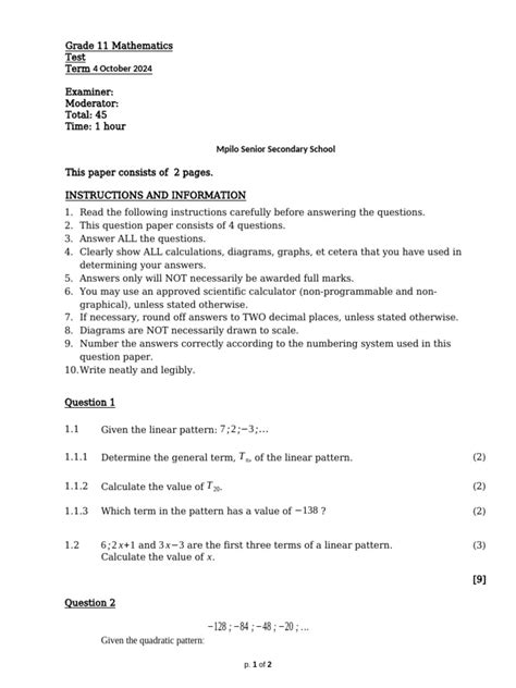 Gr 11 Number Patterns Topic Test Pdf