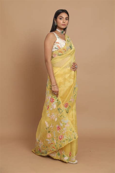 Yellow Floral Hand Painted Saree Hand Painted Sarees Organza Saree