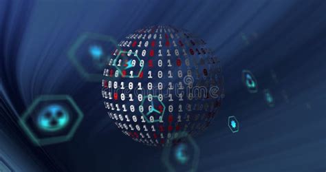 Rotating Globe Of Binary Code With Hexagonal Icons Digital Data
