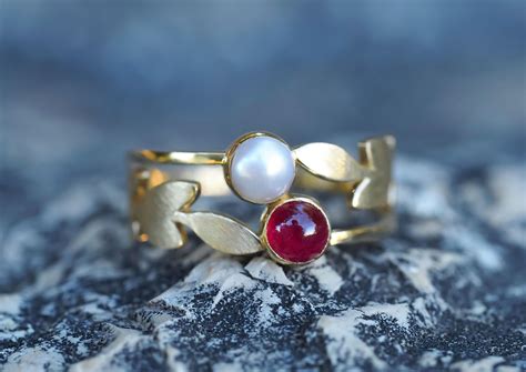 Genuine Ruby Cabochon And Pearl Ring In 14k Gold For Sale At 1stdibs