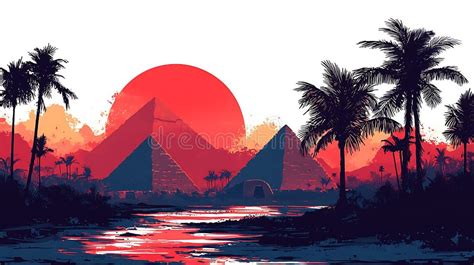 Red Sunset Over The Pyramids Of Giza With Palm Trees And Nile River Reflection Stock